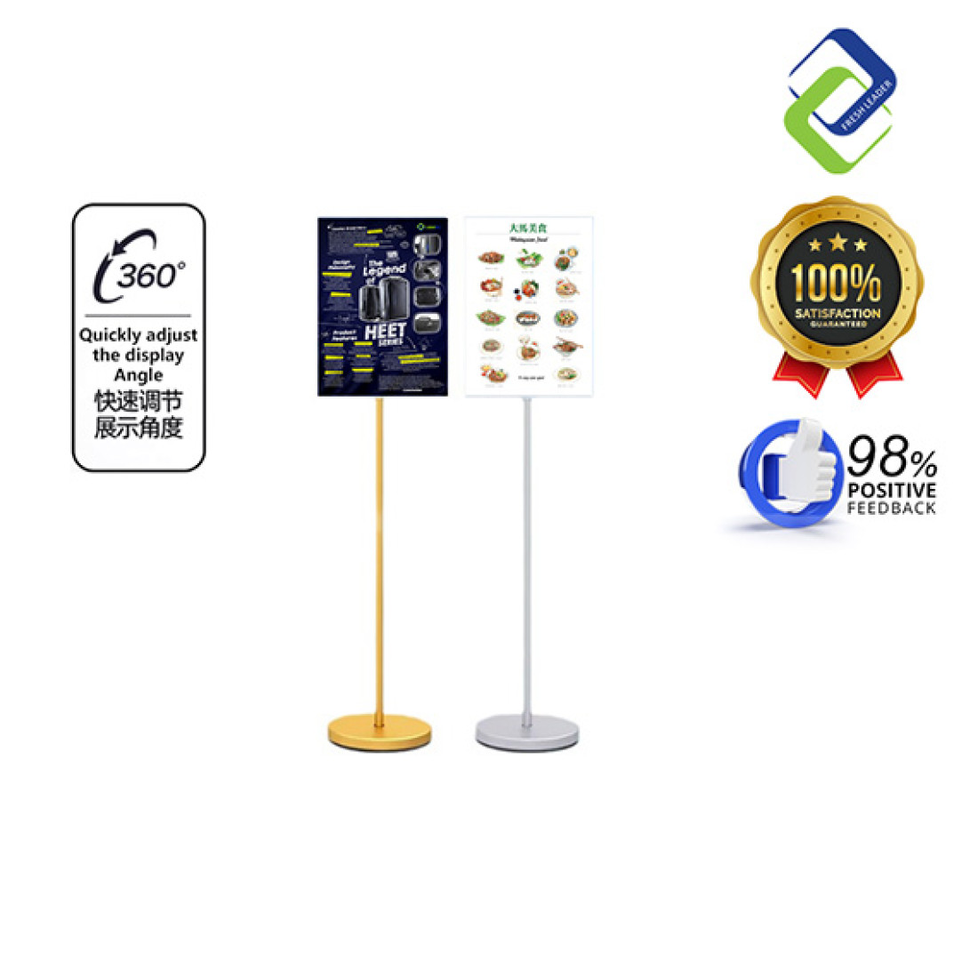 A4 Frameless Display Stand with Heavy Round Base – Gold and Silver Colour