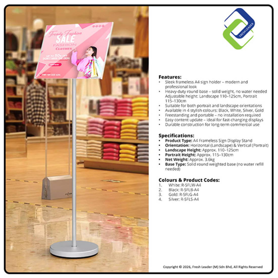 A4 Frameless Display Stand with Heavy Round Base – Gold and Silver Colour