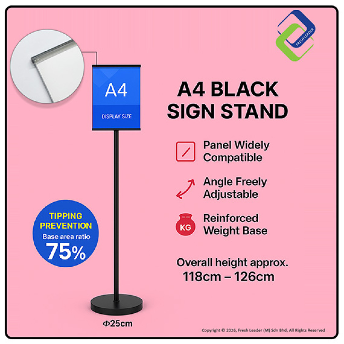A4 Frameless Display Stand with Heavy Round Base – Gold and Silver Colour