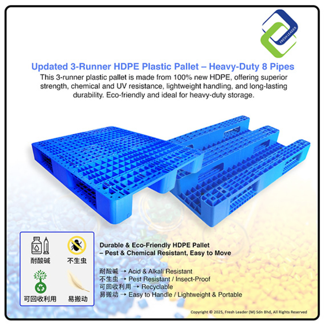 Upgraded 3-Runner HDPE Plastic Pallet – Heavy-Duty 8 Pipes