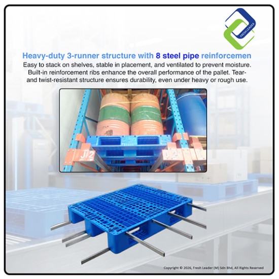 Upgraded 3-Runner HDPE Plastic Pallet – Heavy-Duty 8 Pipes